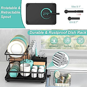 Loftiage Dish Drying Rack with Extra Sponge Holder for Kitchen Counter Sink, 2 Tier Large Dish Drainer Racks, Adjustable Spout Dish Strainer with Drainboard, Utensils, Cutlery Holder, Black