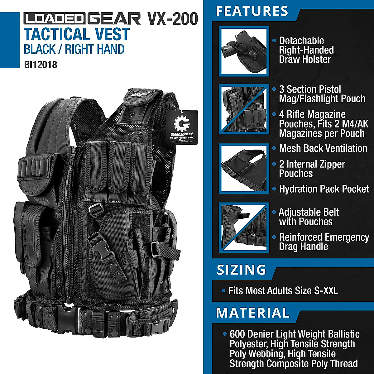 BARSKA mens Loaded Gear BI12018 VX 200 Tactical Vest Right Hand, Black, Large US