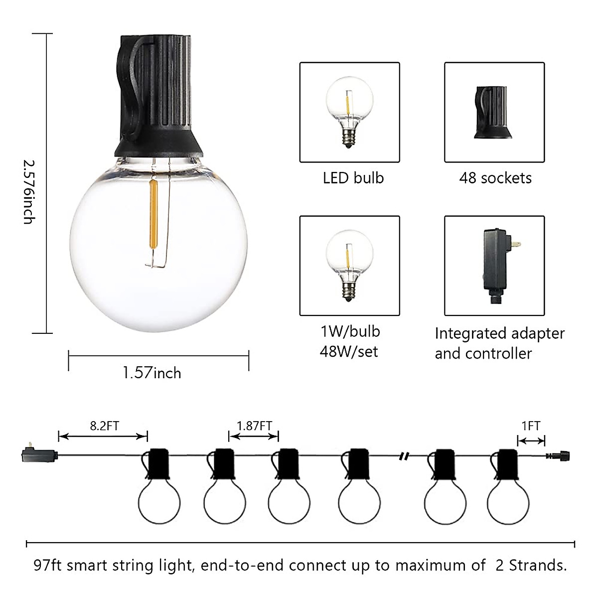 SUNTHIN Smart String Lights, 97FT Smart Patio Lights Work with Alexa & Google Assistant, 48 G40 Shatterproof LED Bulbs, Waterproof Hanging Lights for Porch, Backyard, Deck, Garden, Pergola, Bistro