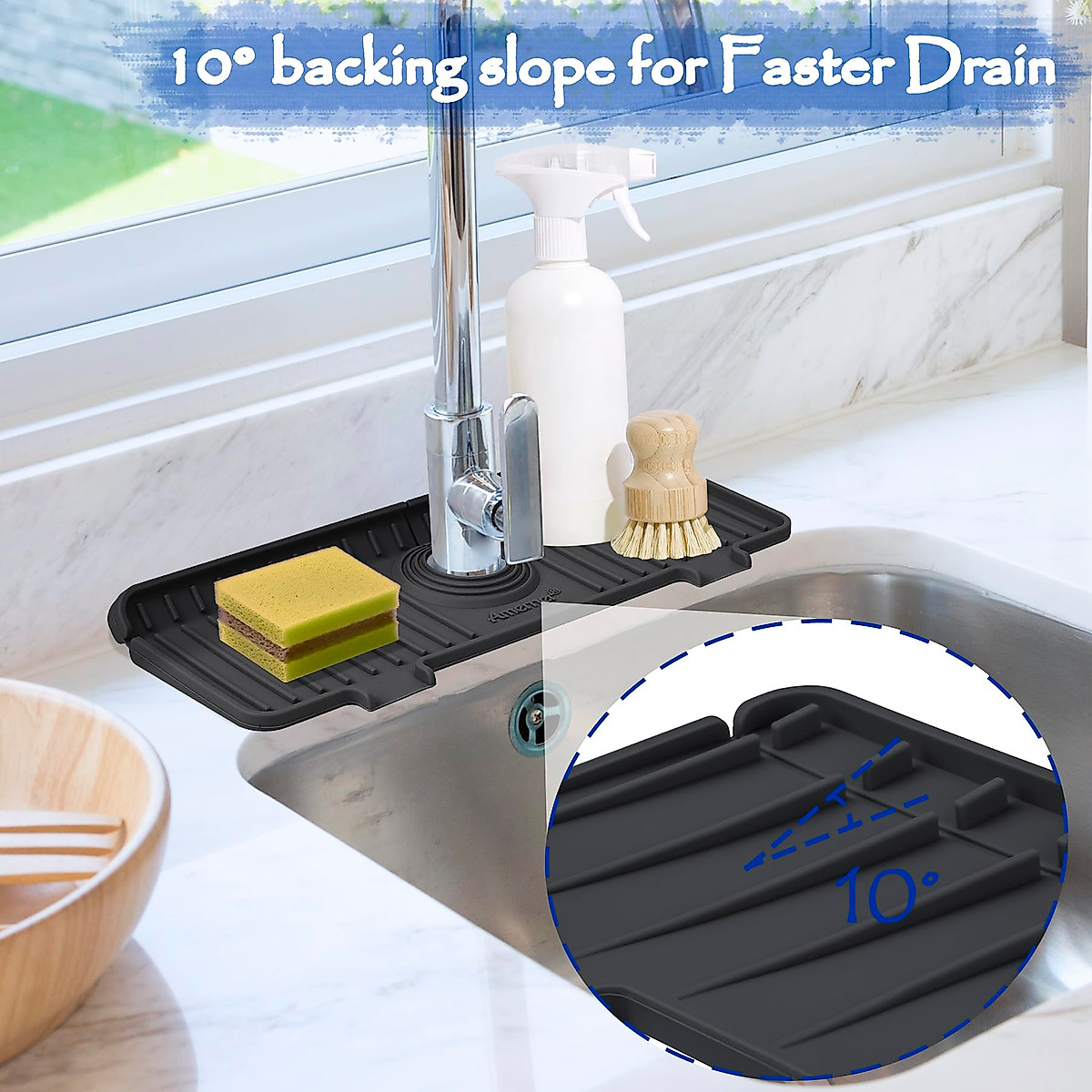 Amerner Kitchen Sink Splash Guard, 10° Large Slope & Adaptable Hole Faucet Mat for Kitchen Sink, Silicone Sink Organizer Sponge Holder for Kitchen, Bathroom, RV, Bar, 14.2” x 5.1”, Black