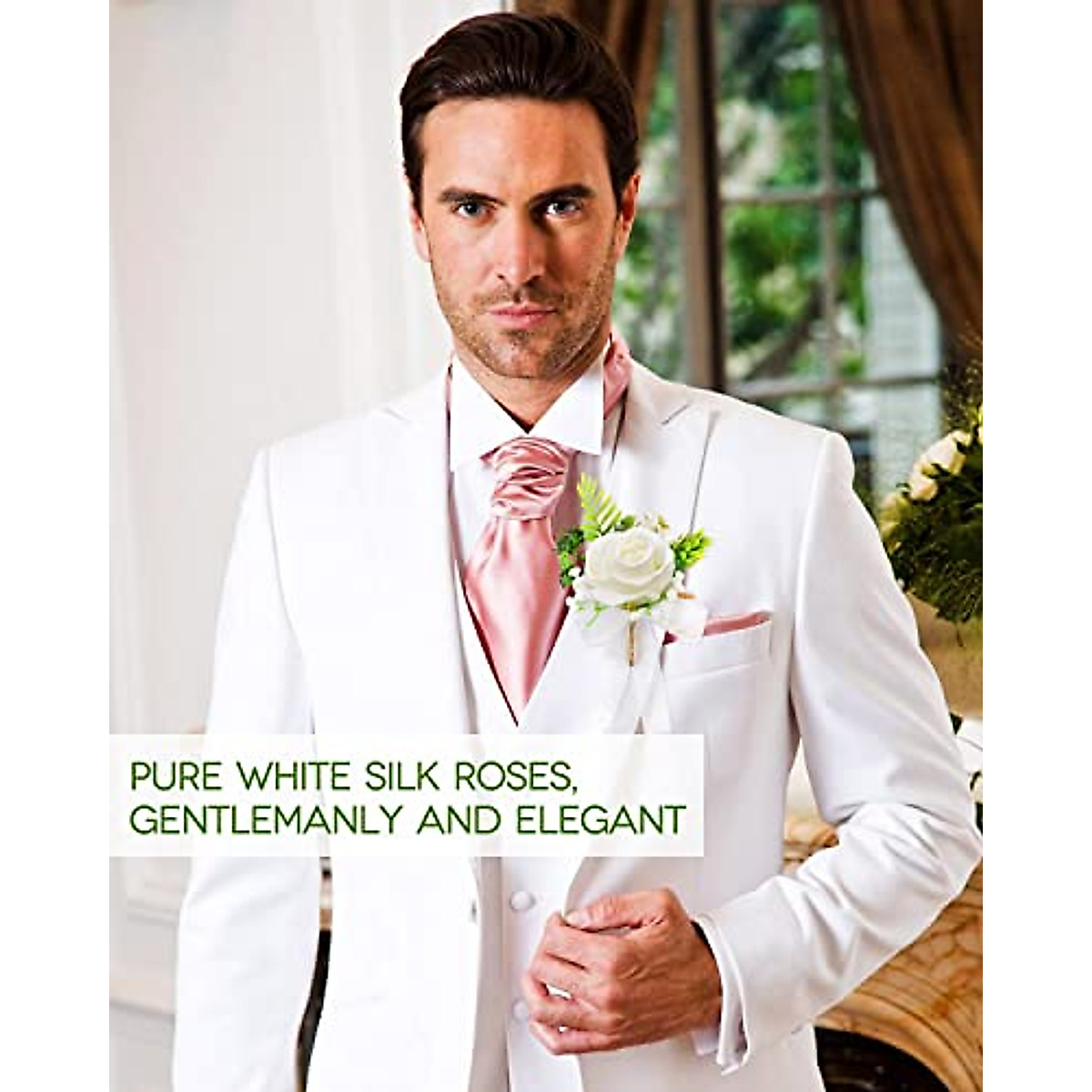 Ivory Rose Wrist Corsage Wristlet Band Bracelet and Boutonniere Set for Men Women Bride Bridesmaid Wedding Prom Flowers Accessories (6 Boutonnieres)