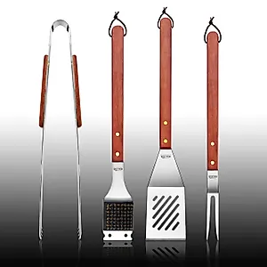 New Star Foodservice 59007 Stainless Steel Barbecue Tool Set with Solid Hard Wood Handles, Set of 4