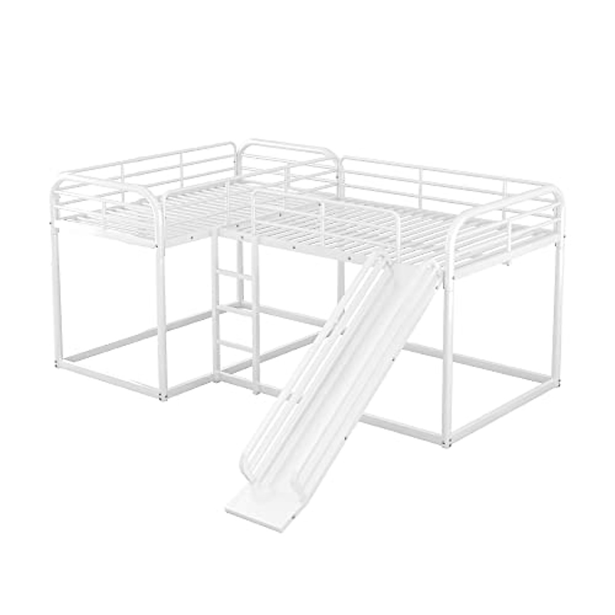 LCH Slide, Metal L-Shaped Frame for 4, Twin Size Bunk Bed with Ladders for Kids Teens Adults (White)