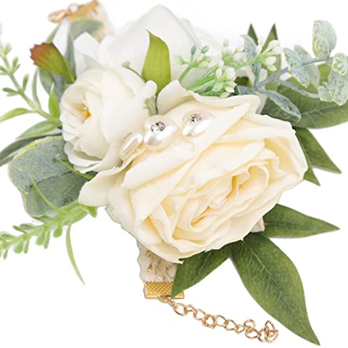 Wrist Corsage Wristlet Band Bracelet for Wedding Bride Wrist Flower Artificial Flower Decorative White Roses and Green Leaves for Wedding Party