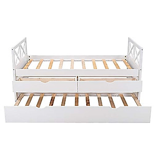 OYN Wooden Twin Multi-Functional Daybed Frame Set with X Headboard,Storage Drawers and Trundle for Children Teen Boys and Girls, White