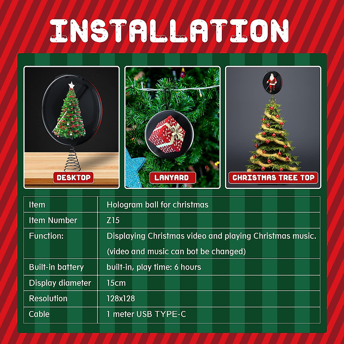 3D Hologram Fan Christmas Ball Ornaments for Xmas Tree, 5.9" Christmas Tree Topper Lighted, Built-in Bluetooth 3D Holographic Display Christmas Theme Video, Decorative Hanging Ball Gfit for Kids