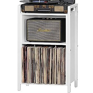 YAHARBO Record Player Stand, 3-Shelf Vinyl Record Holder with Storage, White Record Stand, Vintage Turntable Stand Holds Up to 100 Albums,Record Table with Handle for Living Room,Bedroom