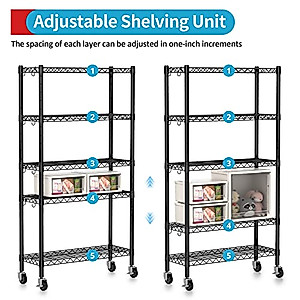 Hodonas 5-Tier Storage Shelves with Wheels, Freestanding Metal Shelves for Storage Wire Shelving Unit Storage Shelf, Metal Shelving Rack for Pantry Garage Kitchen Storage, Black, 36"W x 14"D x 75"H …