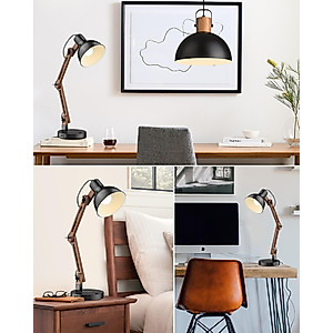 ELYONA Upgraded Industrial Dimmable Floor Lamp & Wood Desk Lamp with Wireless Charging & USB Port, Swing Arm, LED Bedside Table Lamp for Bedroom, Adjustable Reading Task Lights for College Dorm