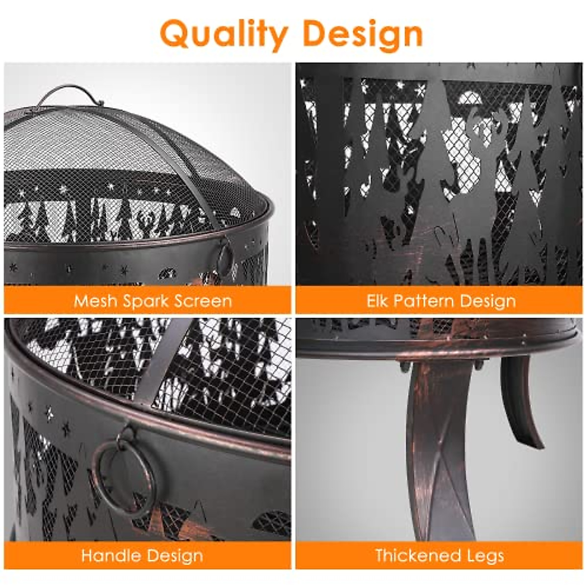 Portable Fire Bowl 27 Inch Fire Pit, Outside Fire Pit, Garden Fireplace with Spark Guard, Poker & Charcoal Grate, Fire Pits for Patio Camping Backyard Balcony, Elk Pattern