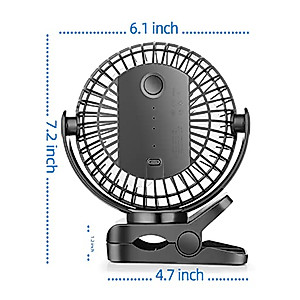 VANPRT 5000mah Clip on Fan, 6'' Portable Rechargeable Battery Fan, 7-30 Working Hours, 3 Speeds Strong Airflow, 720° Rotation, Quiet, Strong Clamp for Desk/Office/Golf/Car/Gym/Treadmill - Black