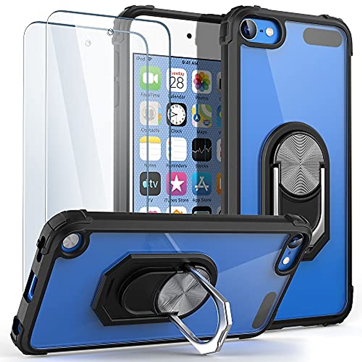 ULAK Compatible with iPod Touch 7th Generation Case with Screen Protector, Clear Back Cover with Build in Kickstand, Heavy Duty Hard Shell Case for Apple iPod Touch 7th/6th/5th Gen, Black