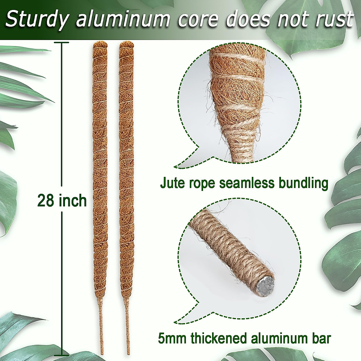 28 Inch Moss Pole, 2 Pack Bendable Moss Pole for Plants Monstera, Moss Poles for Climbing Plants Indoor, Handmade Coco Coir Plant Pole Sticks Support Stakes for Potted Plants