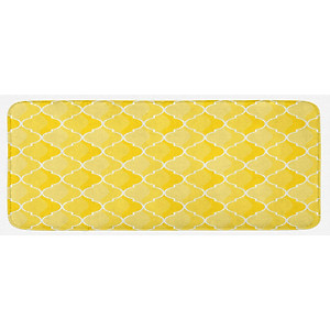 Ambesonne Yellow Kitchen Mat, Moroccan Trellis Pattern in Yellow Tones Vintage Eastern Pattern, Plush Decorative Kitchen Mat with Non Slip Backing, 47" X 19", Mustard Yellow White