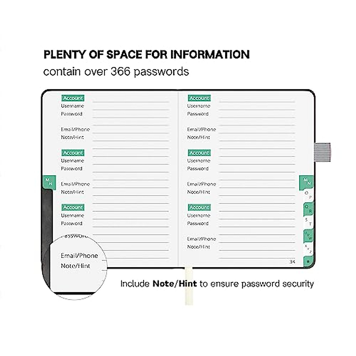 QSSRWNAO Password Book with Alphabetical Tabs, Leather Hardcover Password Notebook, Password Keeper Internet Password & Address Organizer Logbook for Website Logins, B6 Size,Pen Loop (Grey)