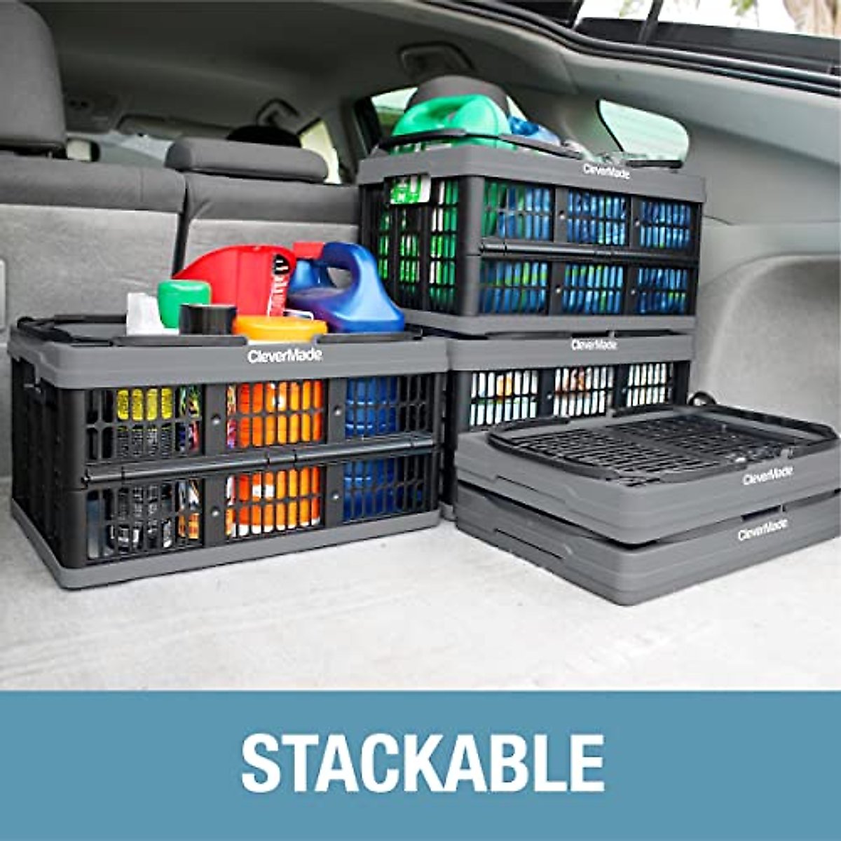 CleverMade 16L Collapsible Reusable Plastic Grocery Shopping Baskets; Small Foldable Storage Crates with Handles, 3 Pack, Charcoal