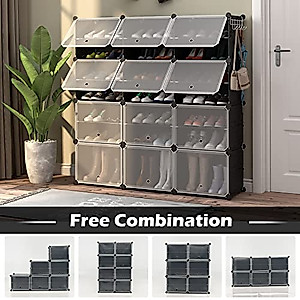 Safstar 48 Pairs 12 Cube Shoe Rack Organizer, Freestanding Shoe Storage Cabinets with Side Hanging Hook, Expandable Cube for Heels & Boots, Space Saver Shoe Racks for Closet Entryway Bedroom Hallway