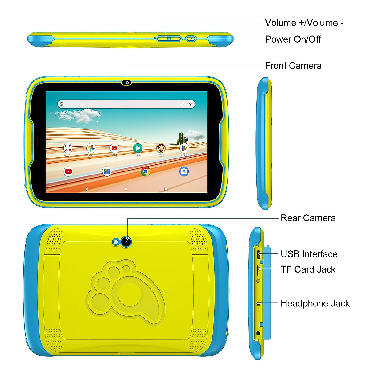 PRITOM 8 inch Kids Tablet, Android 13, 4GB RAM, 64GB ROM,Parental Control, Kids app, Quad Core Processor, 1280 * 800HD IPS Screen, Dual Camera, 2.4G&5G Wifi6, with Durable Stand(Yellow)
