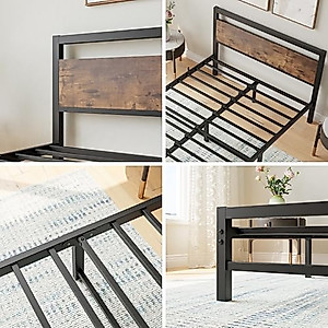 FOUBAM Full Bed Frame with Wood Headboard,Heavy Duty Platform Bed Frames with Storage No Box Spring Needed,Reinforced Steel Square Pipe Mattress Foundation Noise Free,Black and Rustic Brown