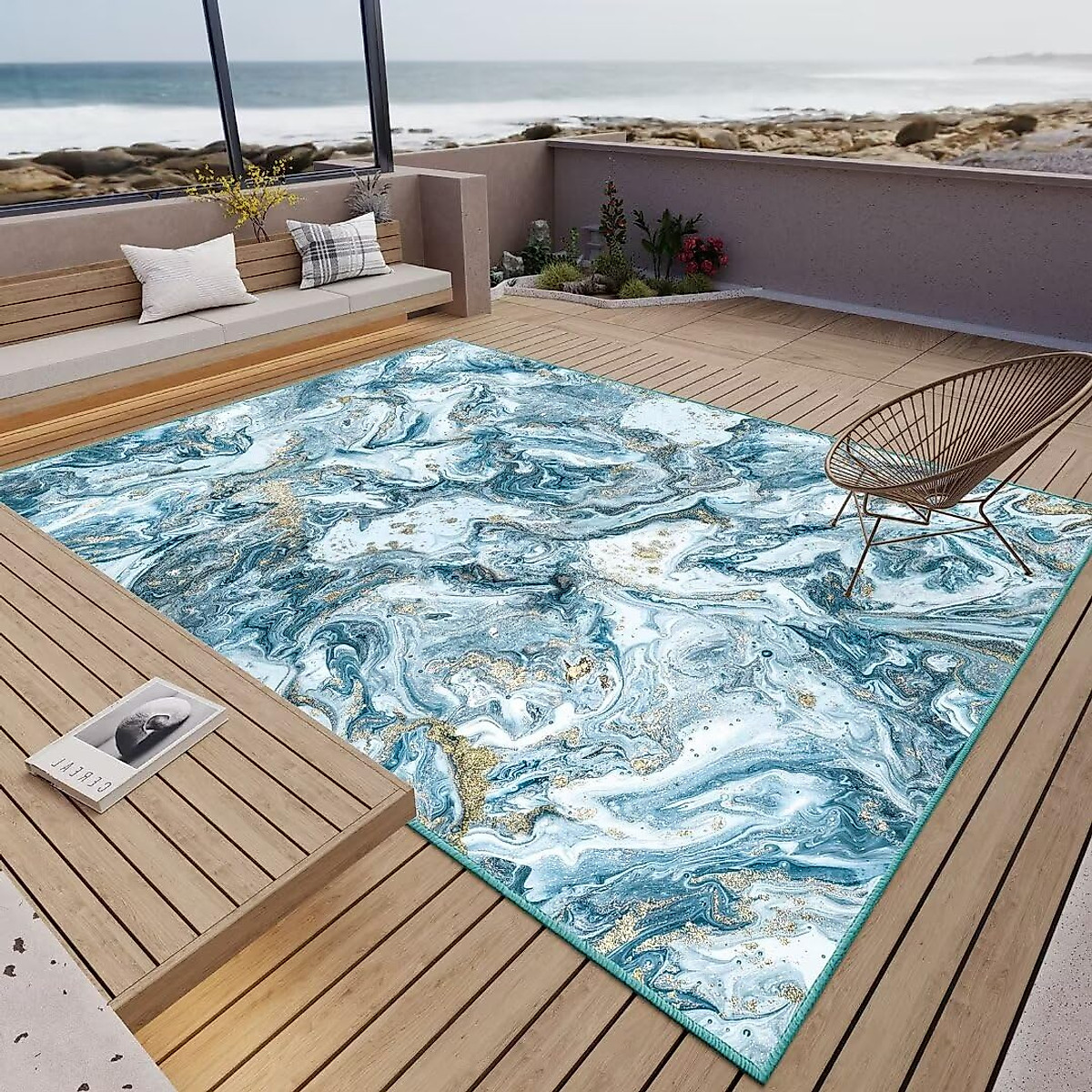 GEMBED Washable Area Rug 5x7 - Artistic Style Modern Rug for Living Room Bedroom Dining Room, Soft Low Pile Machine Washable Carpet, Non Slip Non Shedding Area Rug - Blue/Gold, 5'x7'