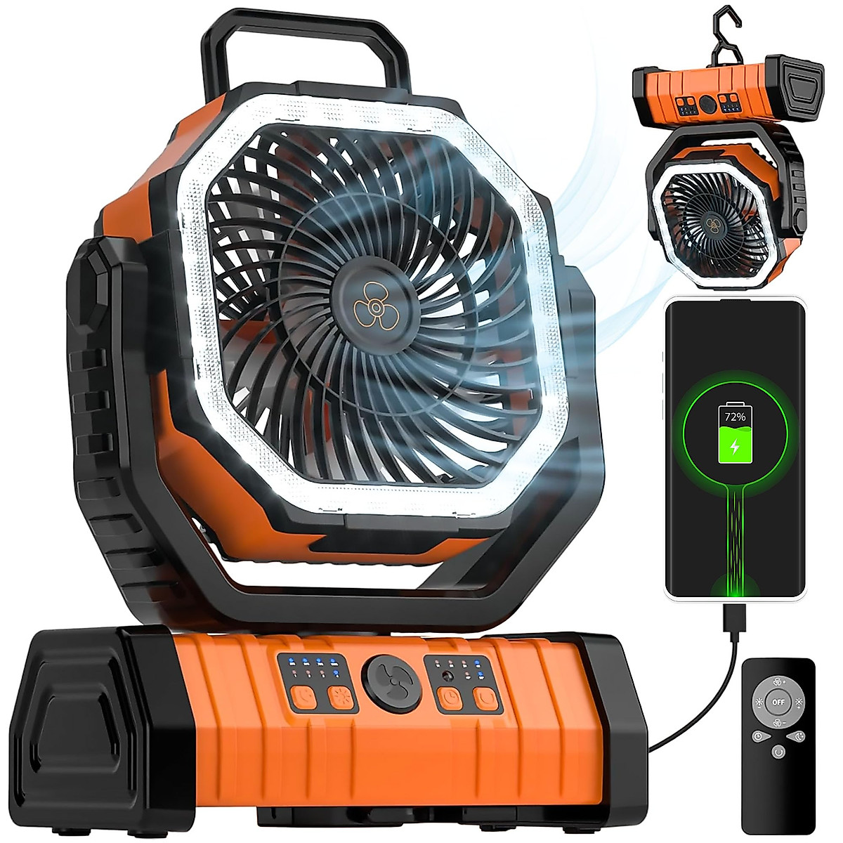 Vackon Portable Outdoor Electric Fan with LED Light 20000mAh Battery Operated camping with hook. USB charging desk fan for Hiking, Fishing, Picnic, Emergency Use