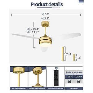 YOUKAIN Modern Ceiling Fan, 52 Inch Gold Ceiling Fan with Light and Remote Control, LED Ceiling Fan with 3 White Blades for Living room, Bedroom, Bathroom, 52-YJ273-WH