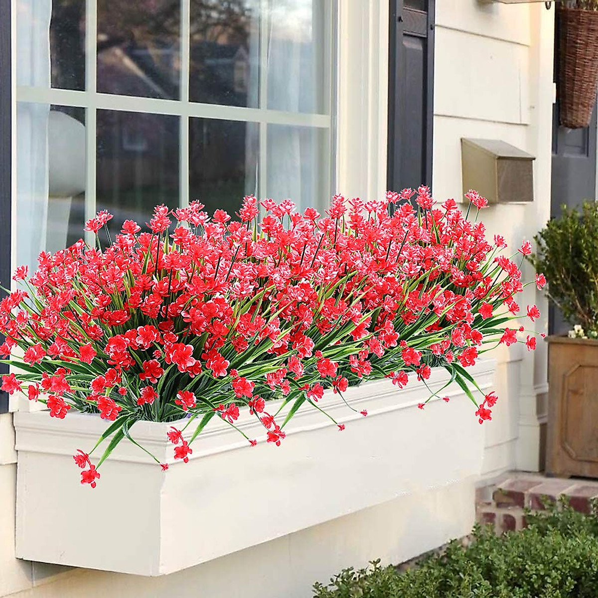 TEMCHY Artificial Outdoor Flowers, 8 Bundles Fake UV Resistant Foliage Greenery Faux Plants Shrubs Plastic Bushes for Indoor Outside Hanging Planter Wedding Farmhouse Decor (Red)