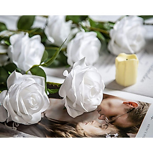 DuHouse 10pcs Fake Roses Artificial Silk Flowers Faux Rose Flower Long Stems Bouquet for Arrangement Wedding Centerpiece Party Home Kitchen Decor (Pure White)