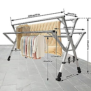 ATYUJKB Laundry Room Collapsible Clothes Drying Rack, Five Pole Drying Rack Stainless Steel, Laundry Stand Organizer with Wheels, Clothes Drying Rack Outdoor (200cm/79in)