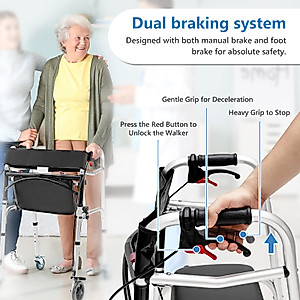 GYMAX Walkers for Seniors, 2-Button Folding Walker with 5” Lockable Wheels, Padded Seat & Trigger Release, 350lbs Height Adjustable Standard Walker, Foldable Rolling Adult Walker