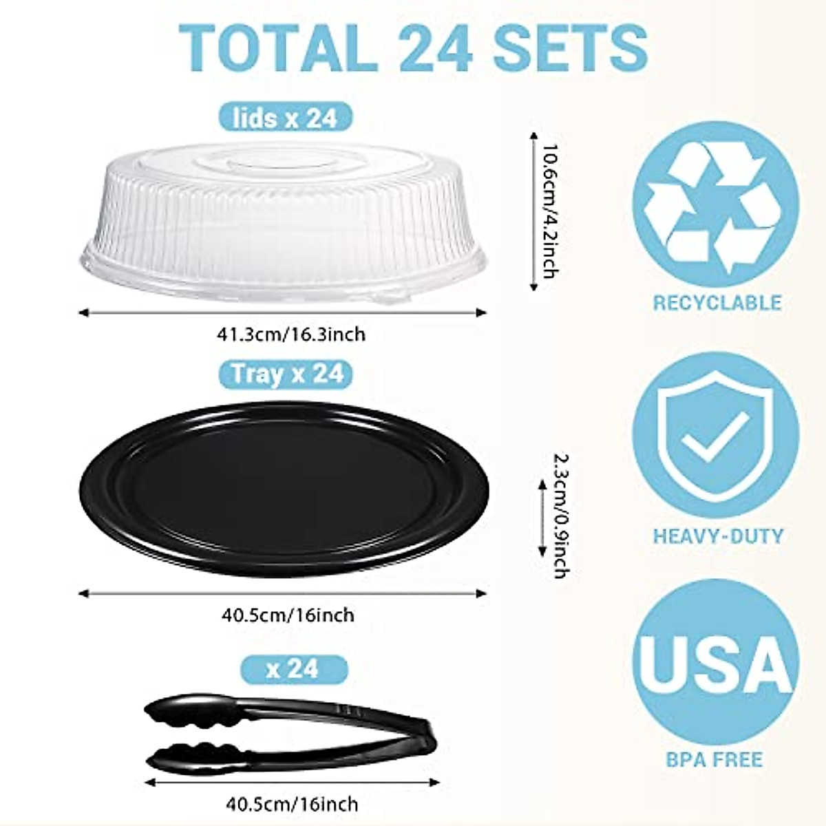 24 Sets 16 Inch Catering Trays with Lids Plastic Serving Trays with 24 Lids and 24 Plastic Serving Tongs Disposable Stackable Trays Black Round Catering Trays for Party Picnic Appetizers Takeout Food