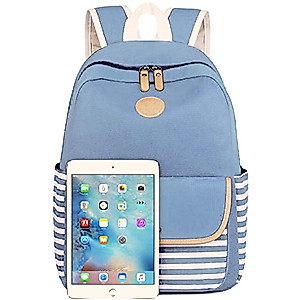 Createy 4 Pcs Canvas Backpack for Girls School Bag Kids Bookbags Teen Backpack Travel Daypack Stripe Backpack with Lunch Box and Pencil Case