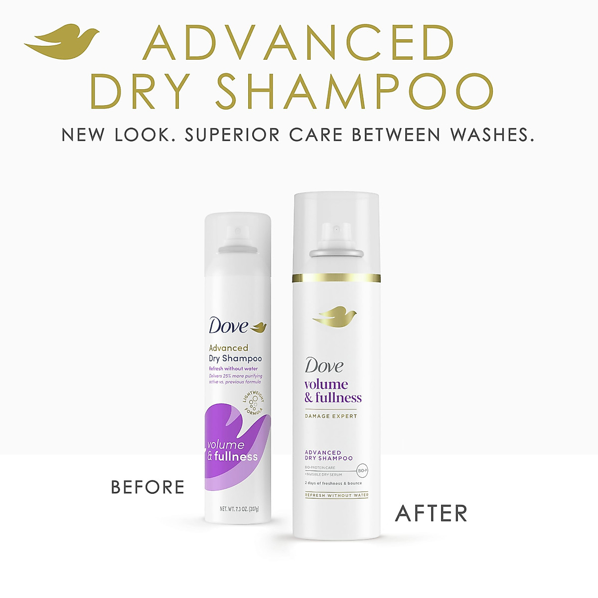 Dove Advanced Dry Shampoo Volume & Fullness Refresh & Revive Flat Hair Without Water for 2 Days of Freshness & Bounce 5 oz