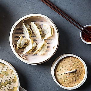 Yuho Asian Kitchen 6 Inch Bamboo Steamer Basket, Individually Box, 2 Tiers & Lid, 10 Parchment Liners, Perfect For Steaming Dumplings, Vegetables, Meat, Fish, Rice (Holiday Gifts)