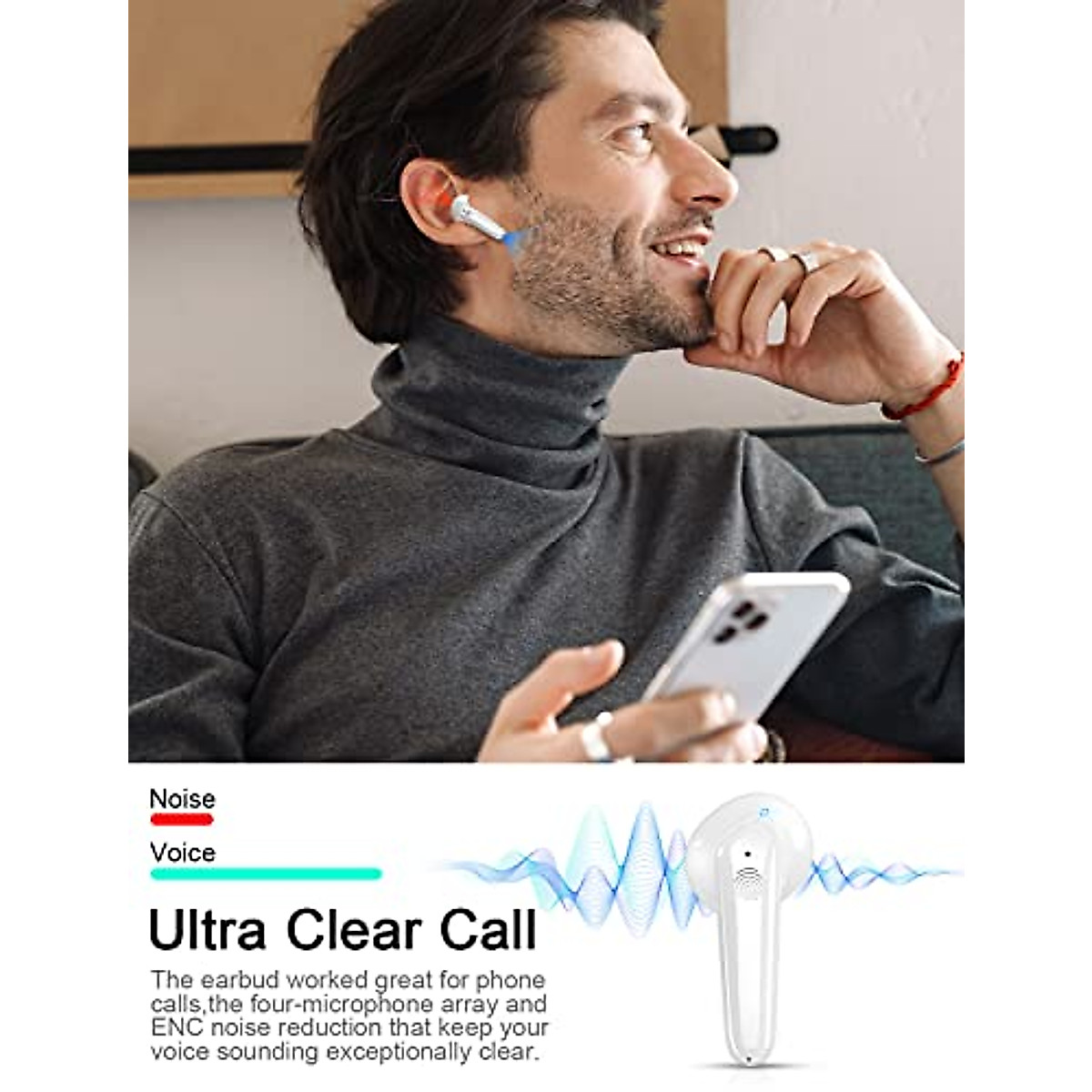 Wireless Earbud, aiskding Bluetooth 5.3 Headphones, Bluetooth Earbud HiFi Stereo Built-in 4 Mics, Wireless Headphones Touch Control with 32H Playtime, Bluetooth Earphones IP7 Waterproof for Work Sport