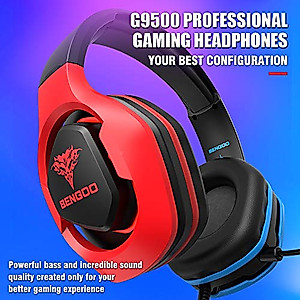 BENGOO G9500 Gaming Headset Headphones for PS4 Xbox One PC Controller, Over Ear Headphones with 720° Noise Cancelling Mic, Bicolor LED Light, Soft Memory Earmuffs for Gamecube Super Nintendo PS5