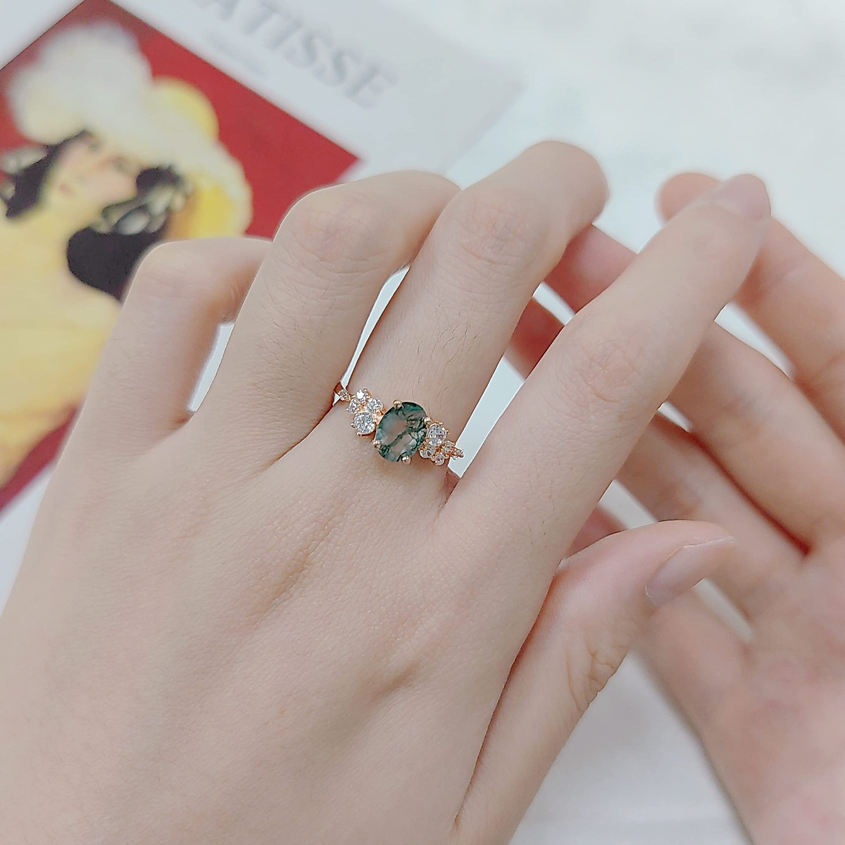 Gem's Beauty Birthday Gifts for Her 1.18CT Oval Cut Moss Agate There Stone Engagement Ring in 925 Sterling Silver Women's Gold Ring(Size10)