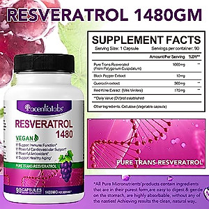 Resveratrol 1,480MG with Quercetin 90 Capsules - Vegan Trans-Resveratrol Antioxidants for Healthy Aging, Immune System, Cardiovascular & Joint Support - Improving Fatigue, Memory and Brain Function