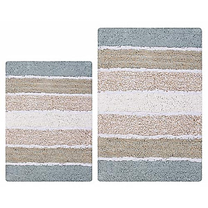 Bathroom Rugs Luxury Stripe Bath Rug Set 21x32-17x24 Spa Grey-Beige,2Piece Mat Set, Soft Plush Anti-Skid Shower Rug +Toilet Mat.Shaggy Carpet, Super Absorbent mats, Machine Washable Bath Mat,