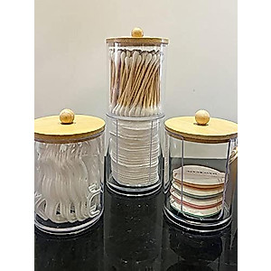 2 Pack Qtip Holder Dispenser with Bamboo Lids, Acrylic Round Clear Container for Makeup Remover Makeup Cotton Storage, Organizers and Storage for Bedroom Bathroom Decor