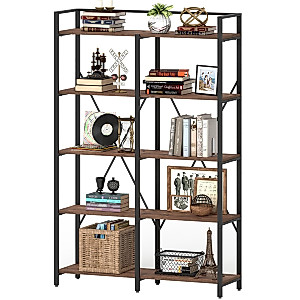 BON AUGURE Industrial Bookshelf, Bookcases and Bookshelves Etagere, Tall Large Farmhouse Book Shelves, 5 Tier Open Bookcase, Wood Metal Shelving Unit for Bedroom, Office (Rustic Oak)