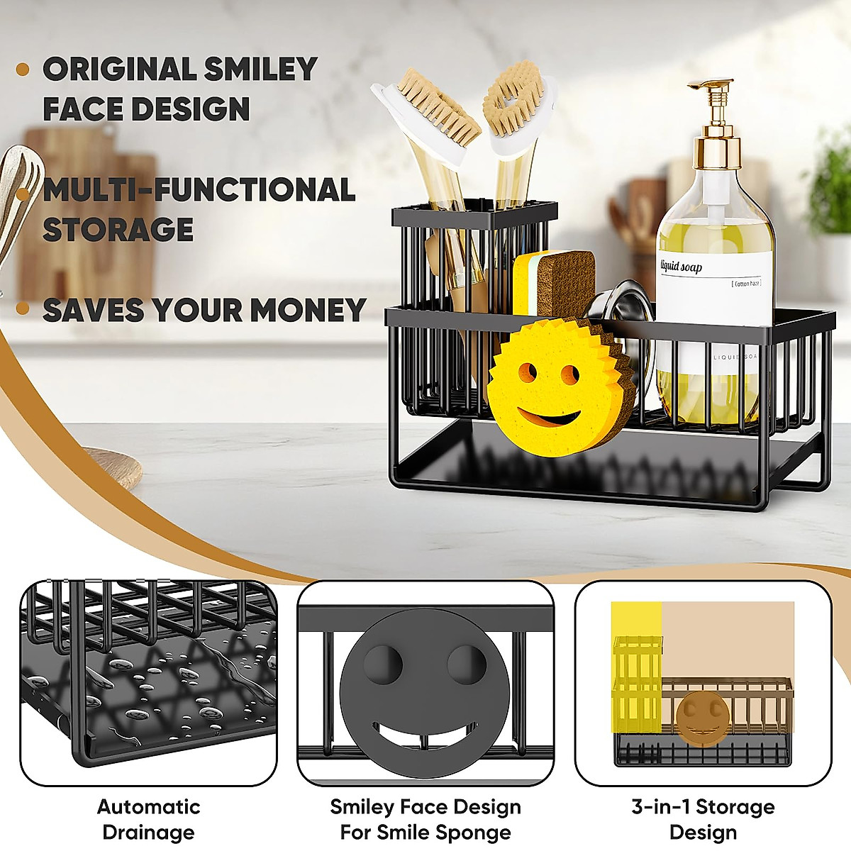 Sponge Holder for Kitchen Sink,Smiley Face Sink Caddy with Removable Brush Holder,Self-Draining Sponge Caddy for Sponge,Soap,Dish Brush,Scrubber,Kitchen Essentials and Gadgets