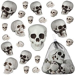 Leyndo 23 Pcs Halloween Skeleton Head Muti Size Mini Plastic Skull Props Realistic Looking Skulls Human Skeleton with Net Bag for Halloween Party, Halloween Decor Props, Bar Home Table Decoration