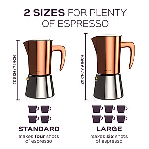 bonVIVO Intenca Stovetop Espresso Maker - Luxurious, Stainless Steel Italian Coffee Maker for Camping or Home Use - Makes 6 Cups of Full-Bodied Coffee - Copper, 10oz