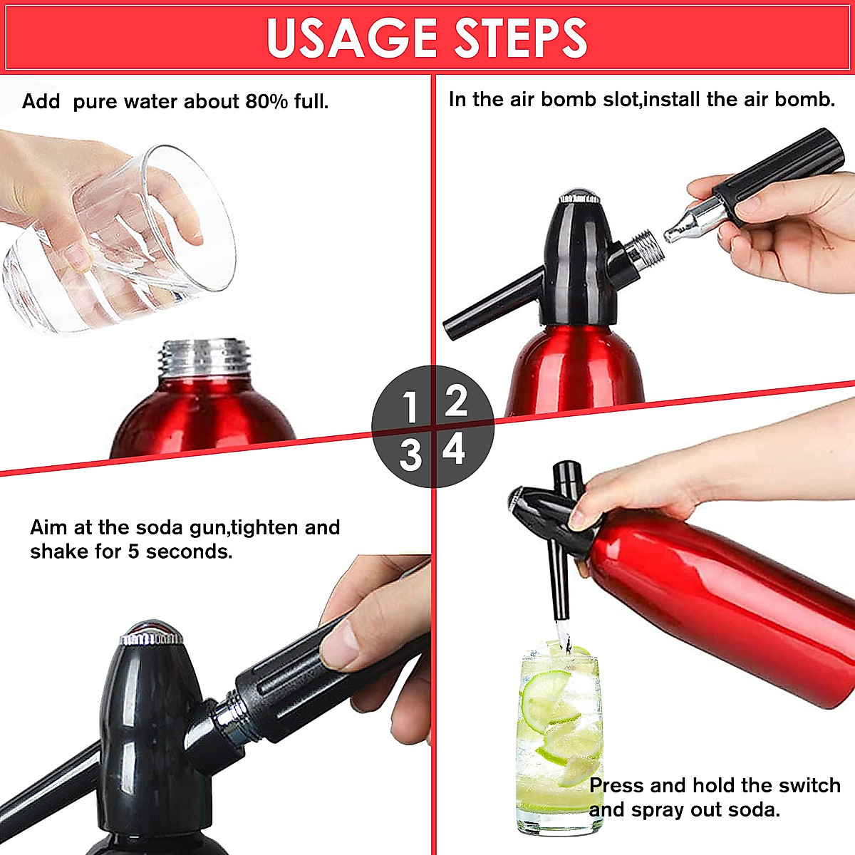 Mlijzard Sparkling Water Maker,1Liter Soda Siphon,Seltzer Water Maker,Carbonated Water Machines for Home Club Making Fresh Soda Water Cocktails DIY Soda Drink,Use 8g CO2 Cartridges(Not Included),Red