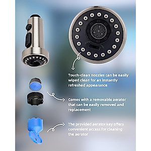 Hibbent Pull Down Kitchen Faucet Head Replacement, 3 Function Sink Faucet Sprayer Head Nozzle with 10 Adapters, Compatible with Moen, American Standard, Delta, Kohler Faucets, Brushed Nickel