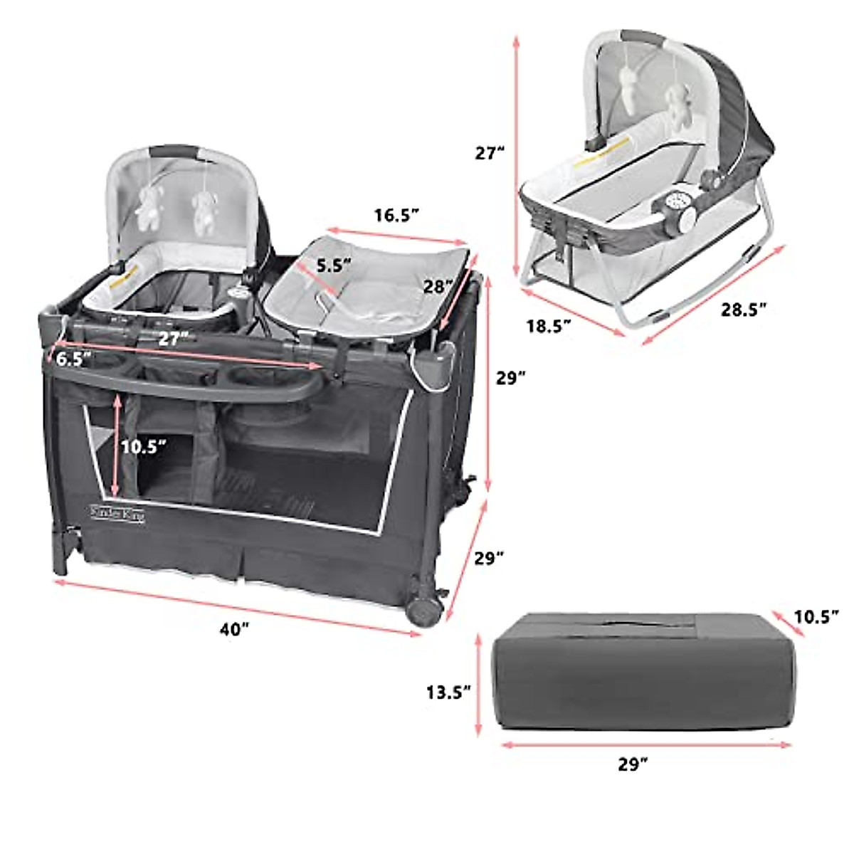 Kinder King 5 in 1 Portable Nursery Center, Foldable Playard for Baby & Toddler, Infant Pack n Play w/Bassinet, Mattress, Newborn Changing Table, Cradle, Travel Bag, Music Box, Storage Basket, Grey