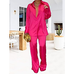 GTMRINJN Women's Long Sleeve Button Down Sleepwear Loose Satin Tops and Wide Leg Pants Set 2 Piece Loungewear Pjs Rose Red M