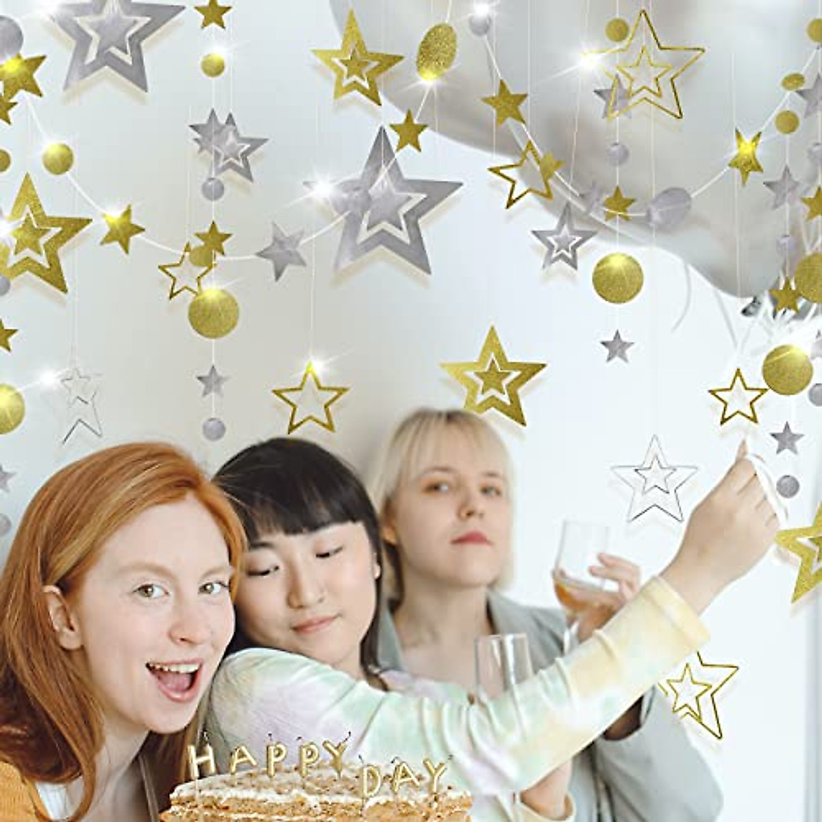 Glitter Circle Dot Garland Star Cutouts Decoration Ceiling Decorations Hanging Streamer Backdrop Banner for for Bulletin Board Classroom Wall Party Decoration Supply (Gold, Silver)