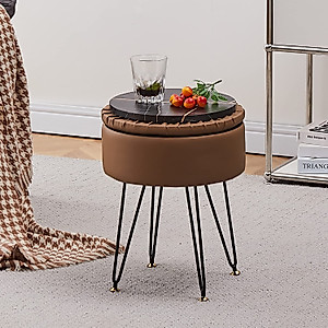 Cpintltr Modern Faux Leather Foot Rest Stool Upholstered Round Storage Ottomans Multipurpose Dressing Stools Luxury Home Decor Ottoman Coffee Table Top Cover Footstool for Couch Entryway Brown